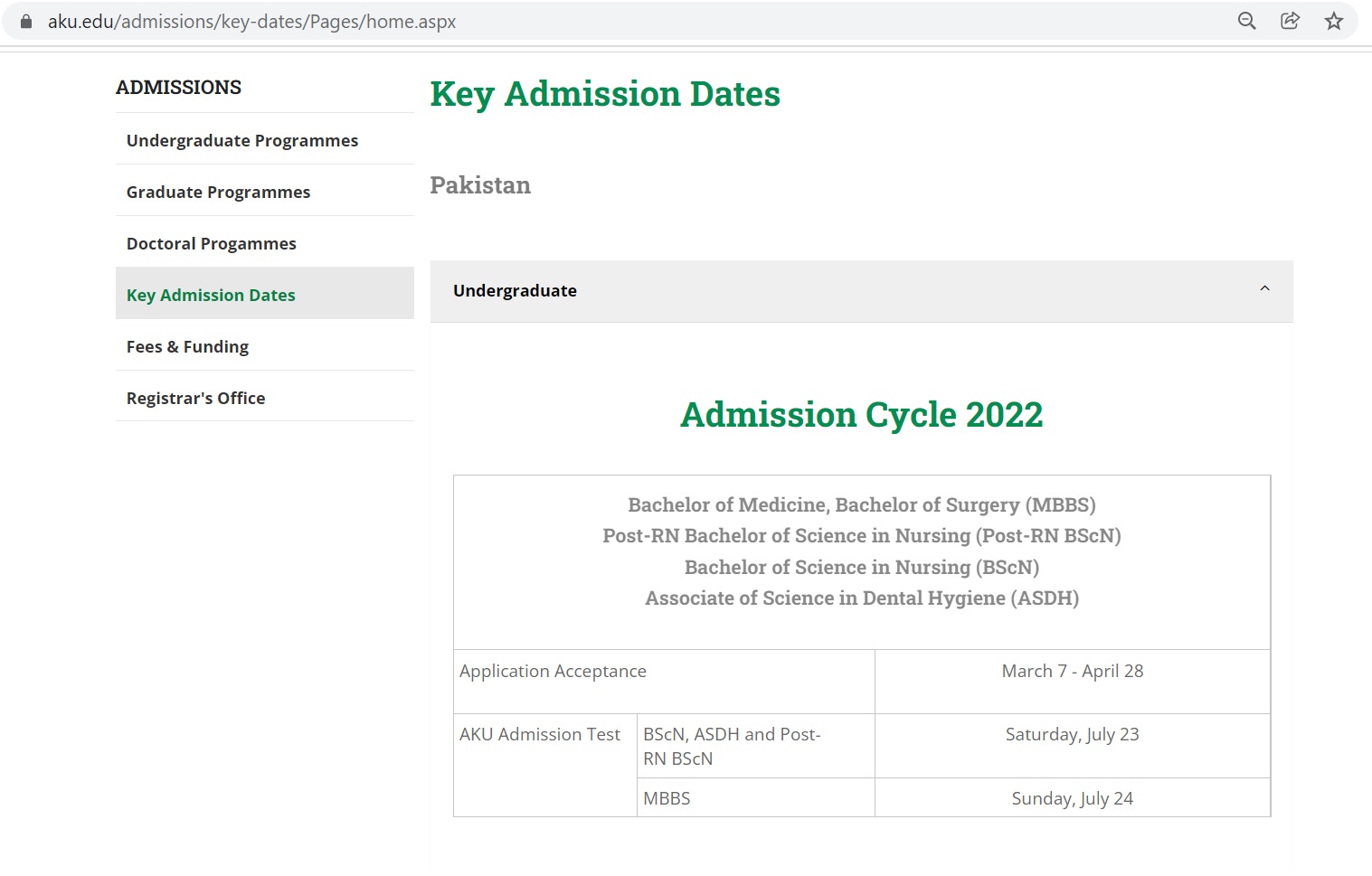 Agha Khan University Admission schedule 2022 - STEP By PGC