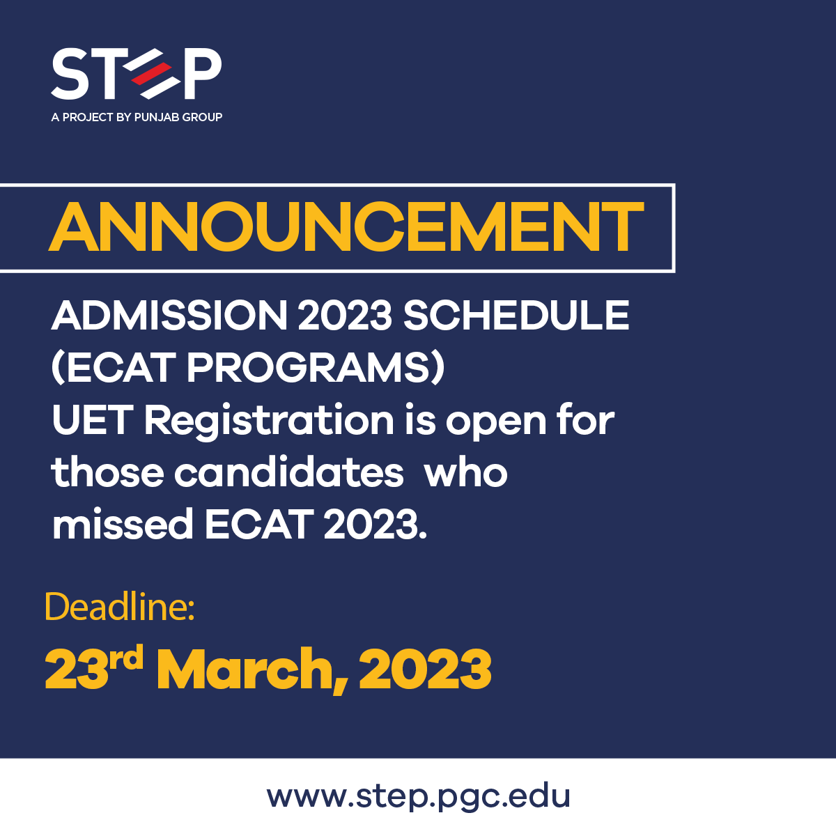 Admission 2023 Schedule (ECAT Programs) - STEP By PGC