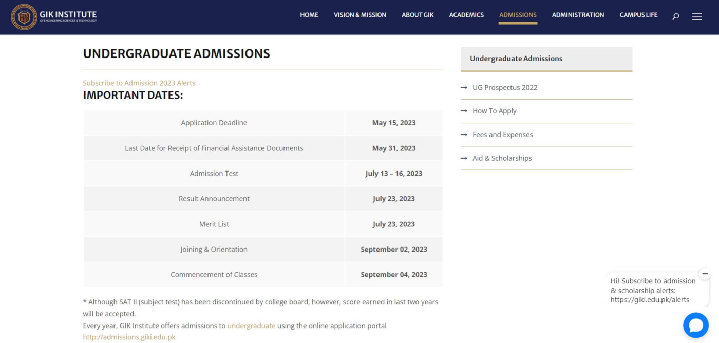 GIKI SCHEDULE 2023 Undergraduate Admissions - STEP by PGC