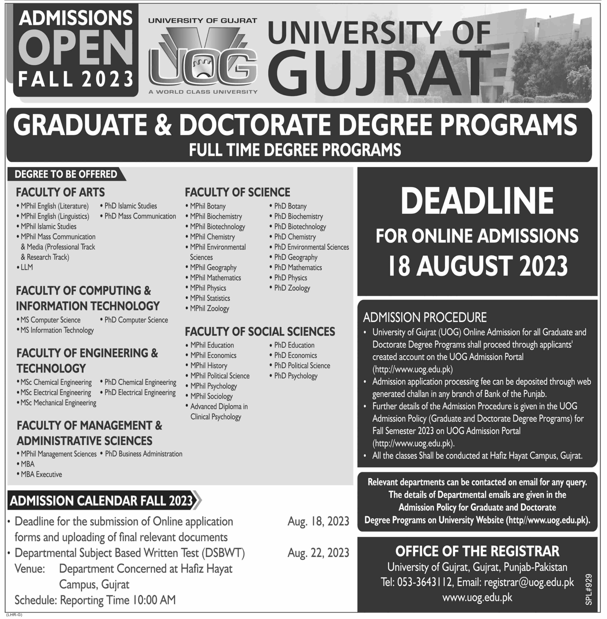 University Of Gujrat Admissions Open Fall 2023 Step By Pgc