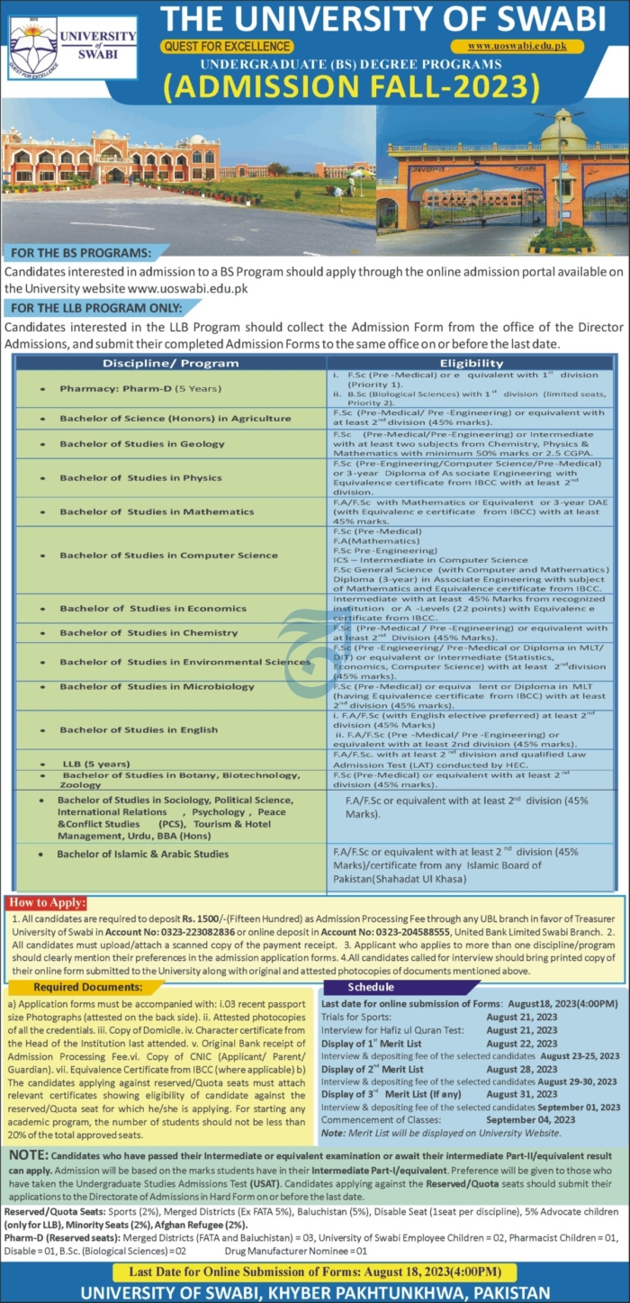 The University of Swabi Admissions 2023 - STEP by PGC